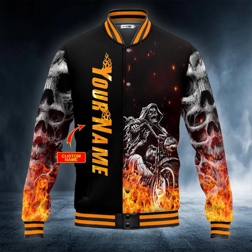 Biker Ghost Rider On Fire Skull Custom Baseball Jacket – Skull & Viking ...
