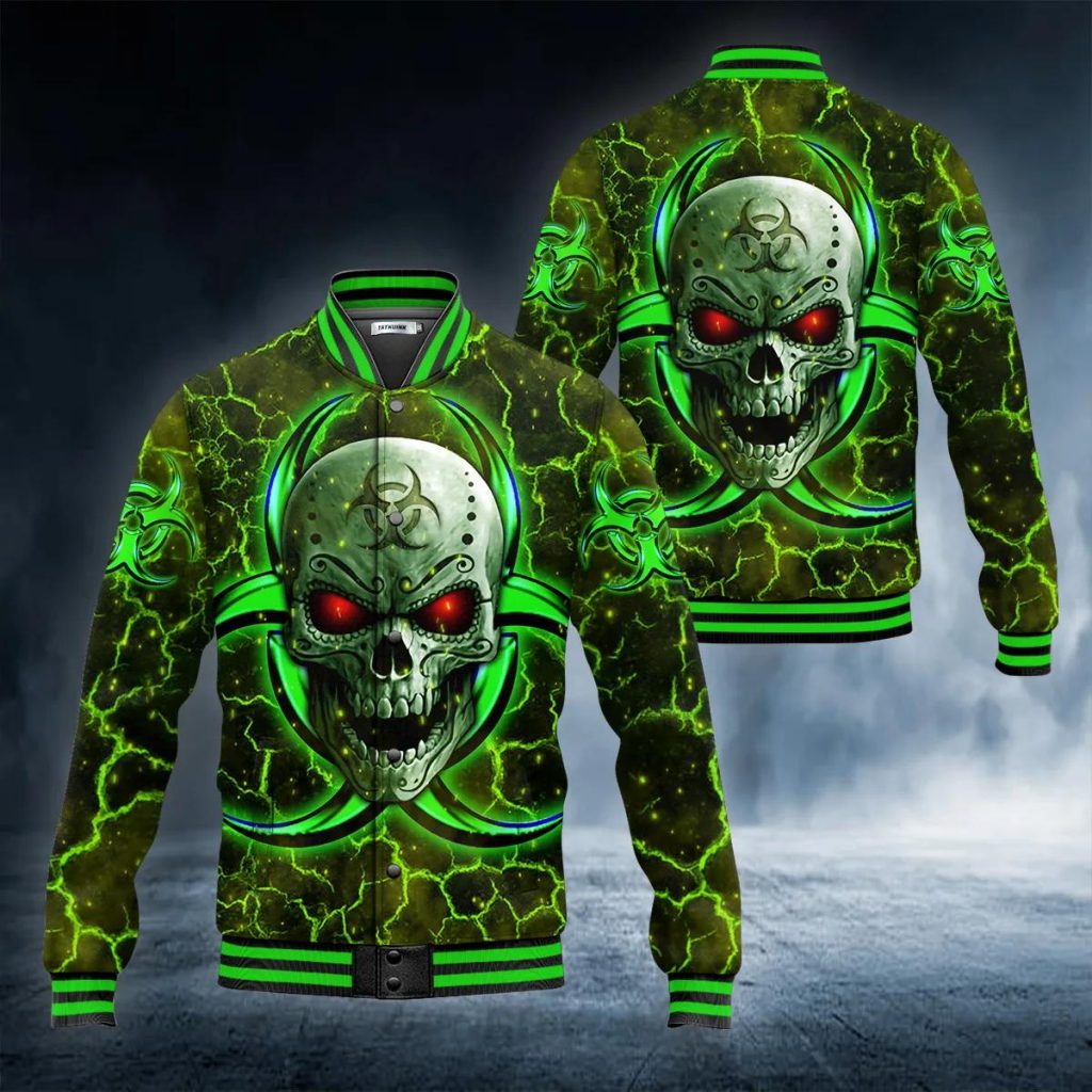 Biohazard Symbol Green Flame Skull Baseball Jacket – Skull & Viking ...