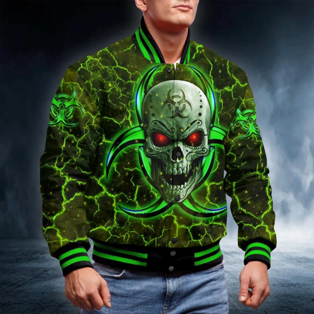 Biohazard Symbol Green Flame Skull Baseball Jacket – Skull & Viking ...