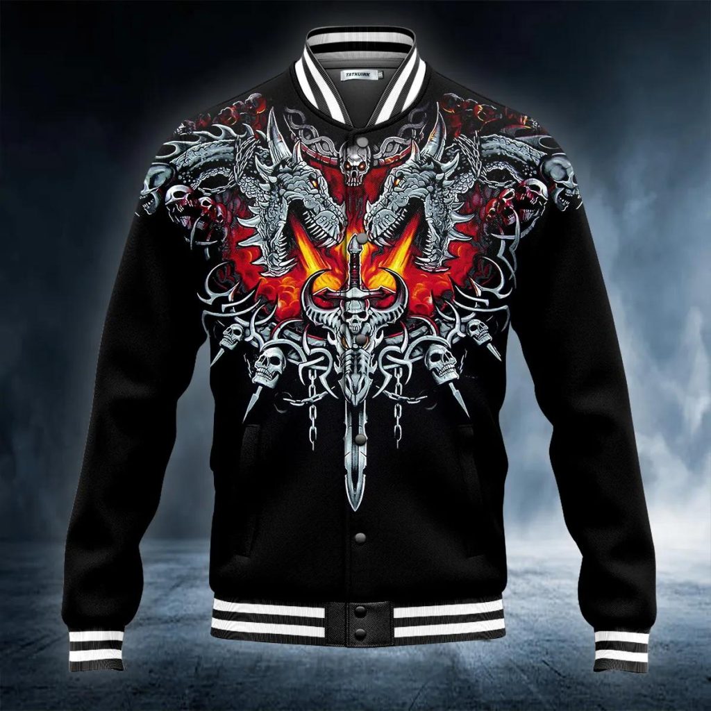 Black Dragon Sword Fire Skull Baseball Jacket – Skull & Viking Graphic ...