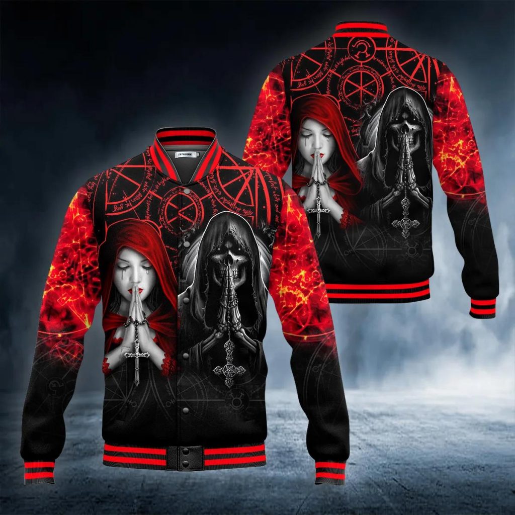 Black Red Gothic Prayer Skull Baseball Jacket – Skull & Viking Graphic Tees | 3D All Over Print ...