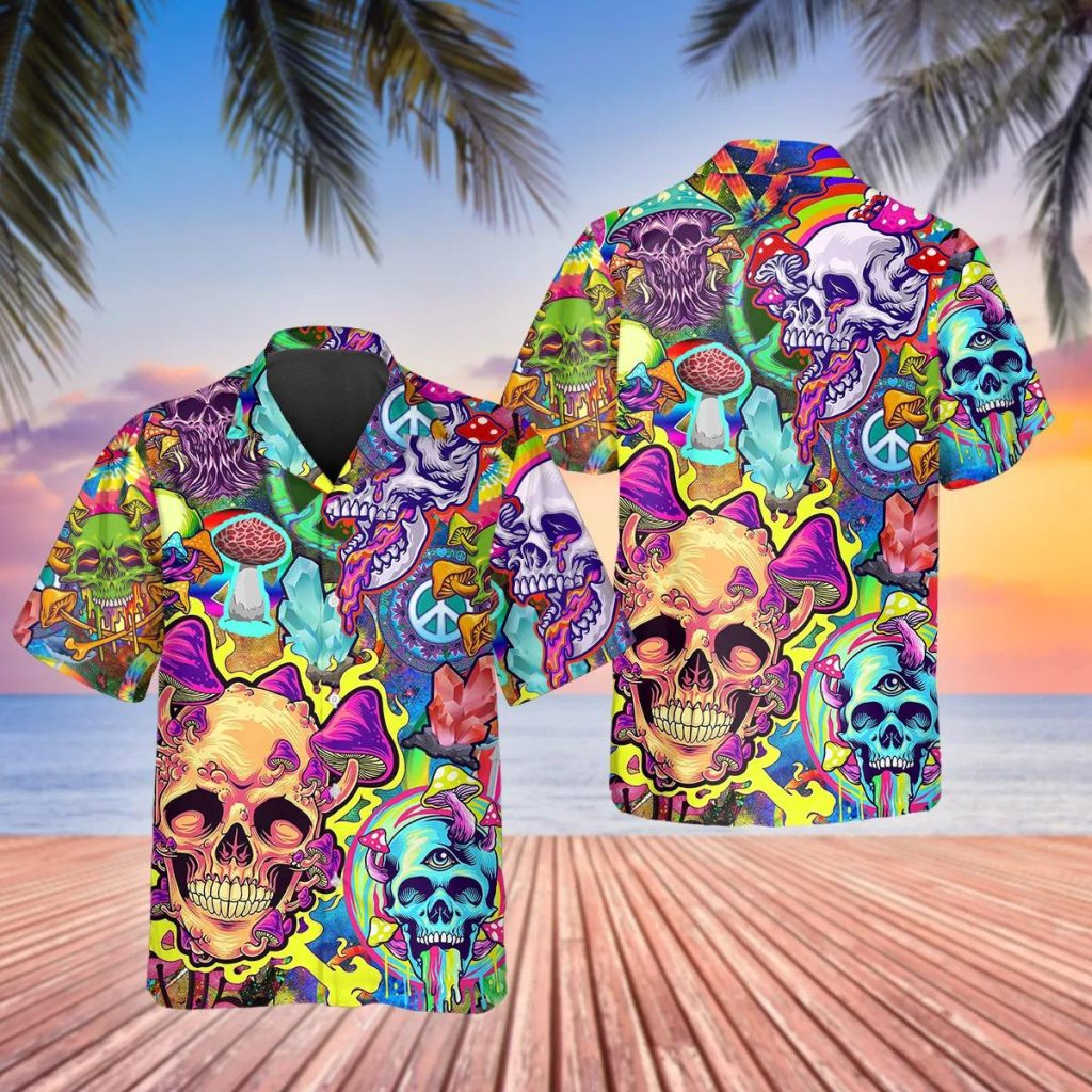 Colorful Mushroom Psychedelic Trippy Skull Hawaiian Shirt - Skull ...