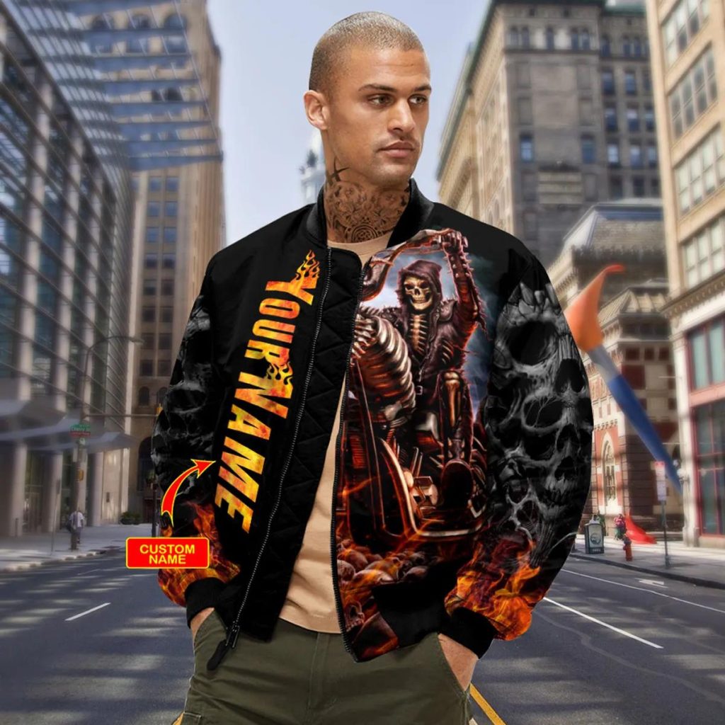 Cool Biker Grim Reaper Custom Bomber Jacket – Skull & Viking Graphic ...
