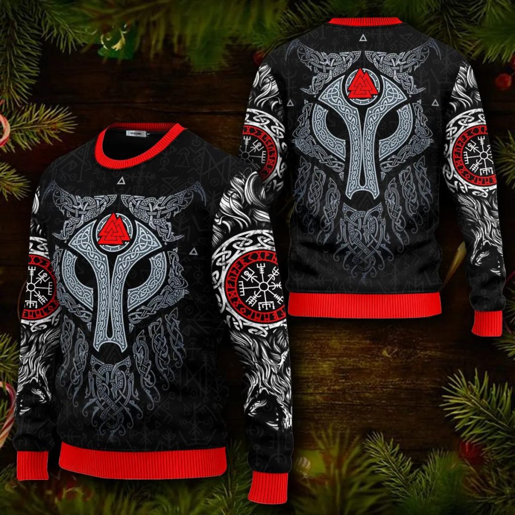Cool Wolf Vegvisir Pattern Viking Ugly Christmas Sweater – Skull ...