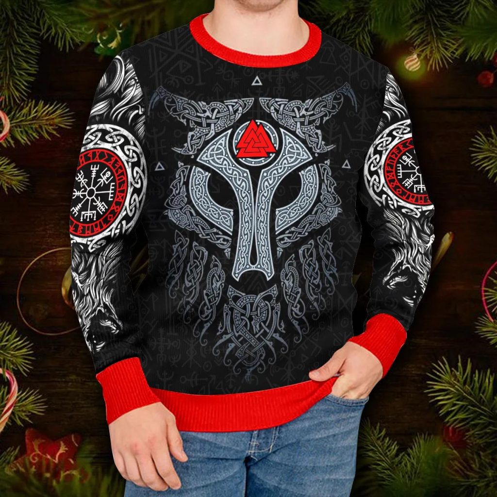 Cool Wolf Vegvisir Pattern Viking Ugly Christmas Sweater – Skull ...