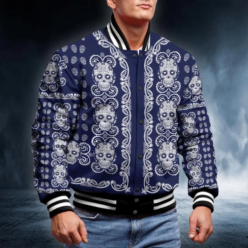 Dark Blue Mandala Pattern Sugar Skull Baseball Jacket - Skull & Viking ...