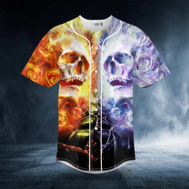 Fantasy Fire Dragon Vs Blue Flame Skull Baseball Jersey - Skull ...