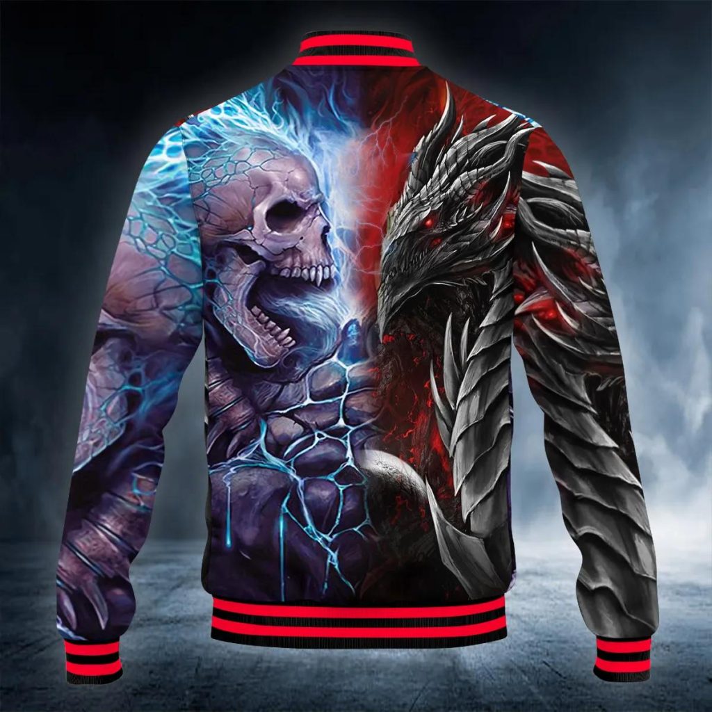 Fantasy Fire Dragon Vs Blue Flame Skull Baseball Jacket - Skull ...