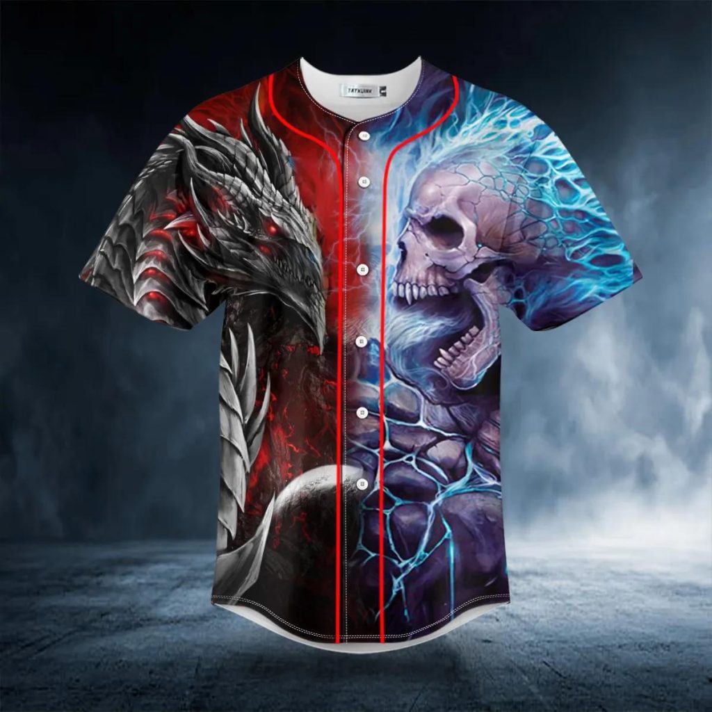 Fantasy Fire Dragon Vs Blue Flame Skull Baseball Jersey – Skull ...
