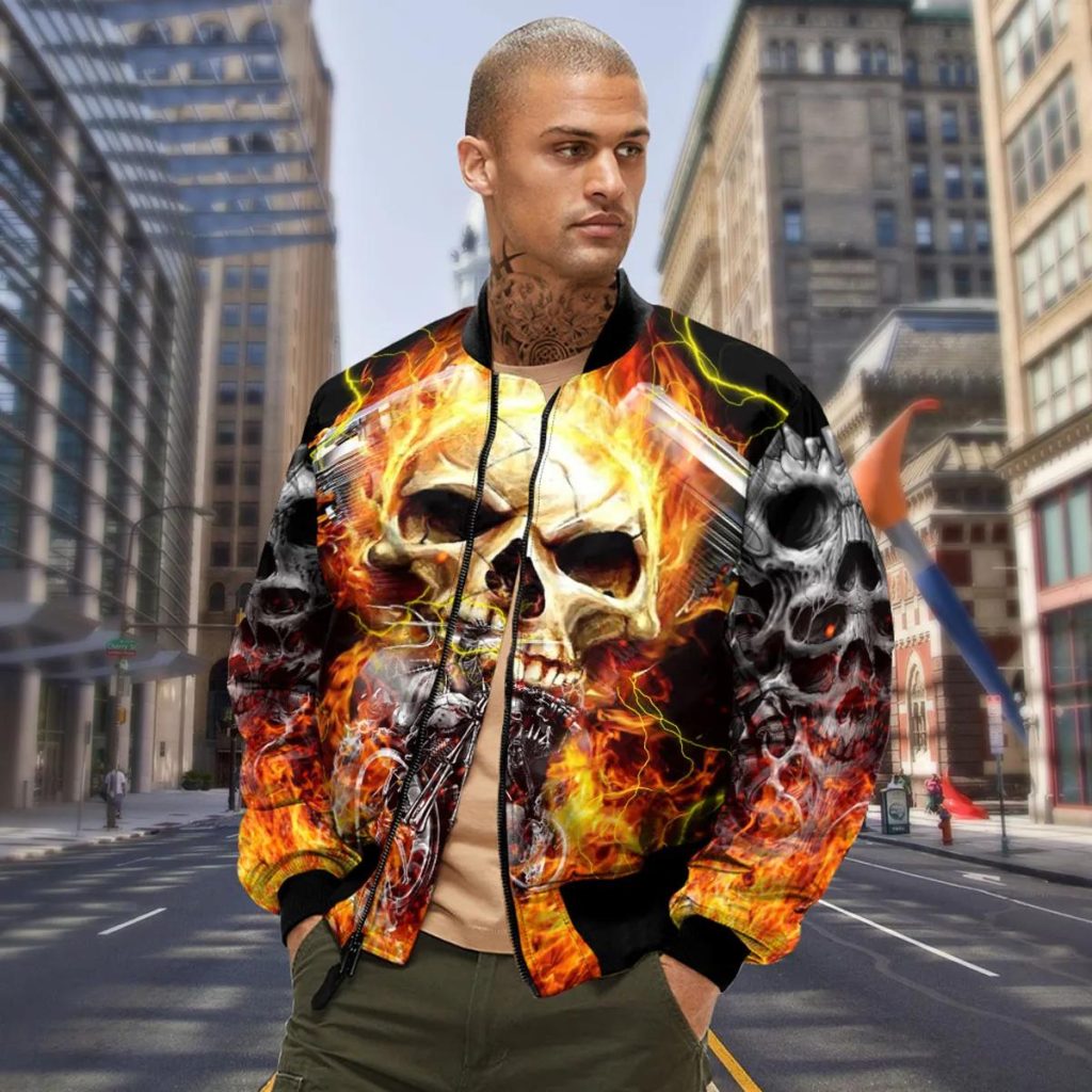 Ghost Fire Biker Flame Skull Bomber Jacket – Skull & Viking Graphic ...