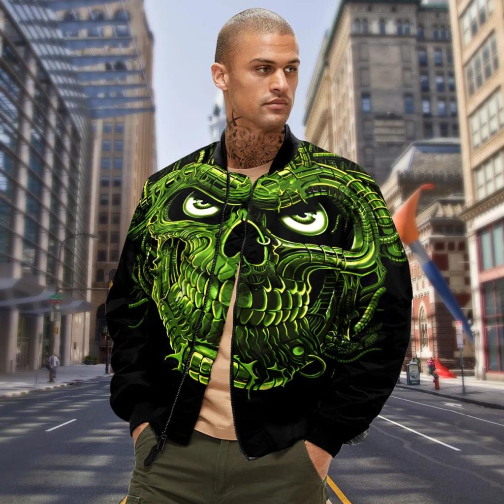 Green Scary Skull Skeleton Bomber Jacket – Skull & Viking Graphic Tees ...