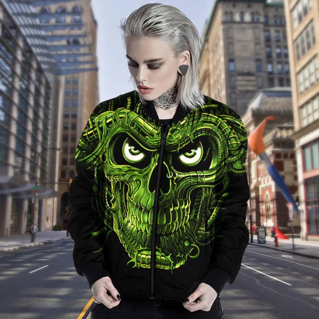 Green Scary Skull Skeleton Bomber Jacket – Skull & Viking Graphic Tees ...