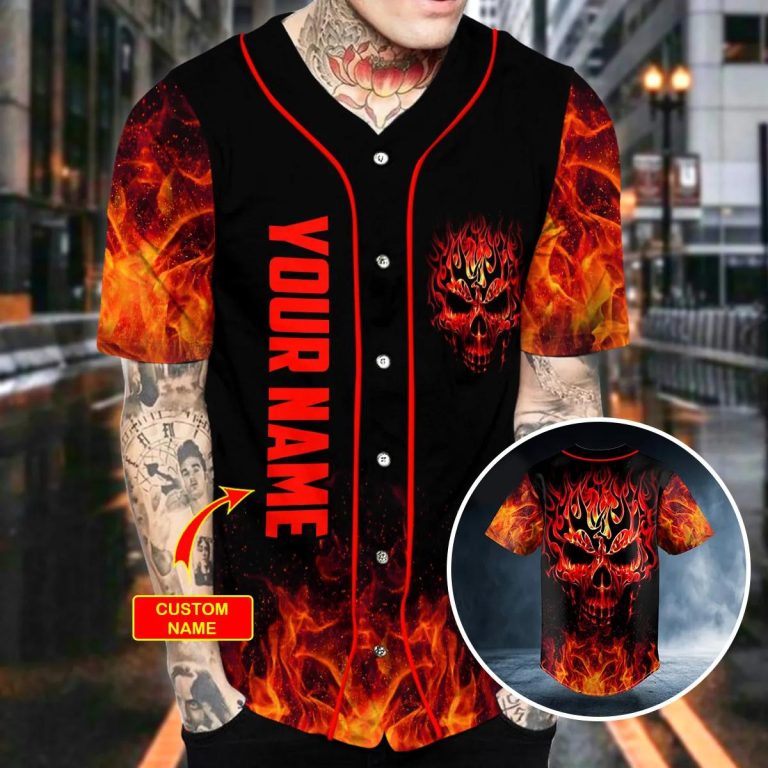 Fantasy Fire Dragon Vs Blue Flame Skull Baseball Jersey - Skull ...