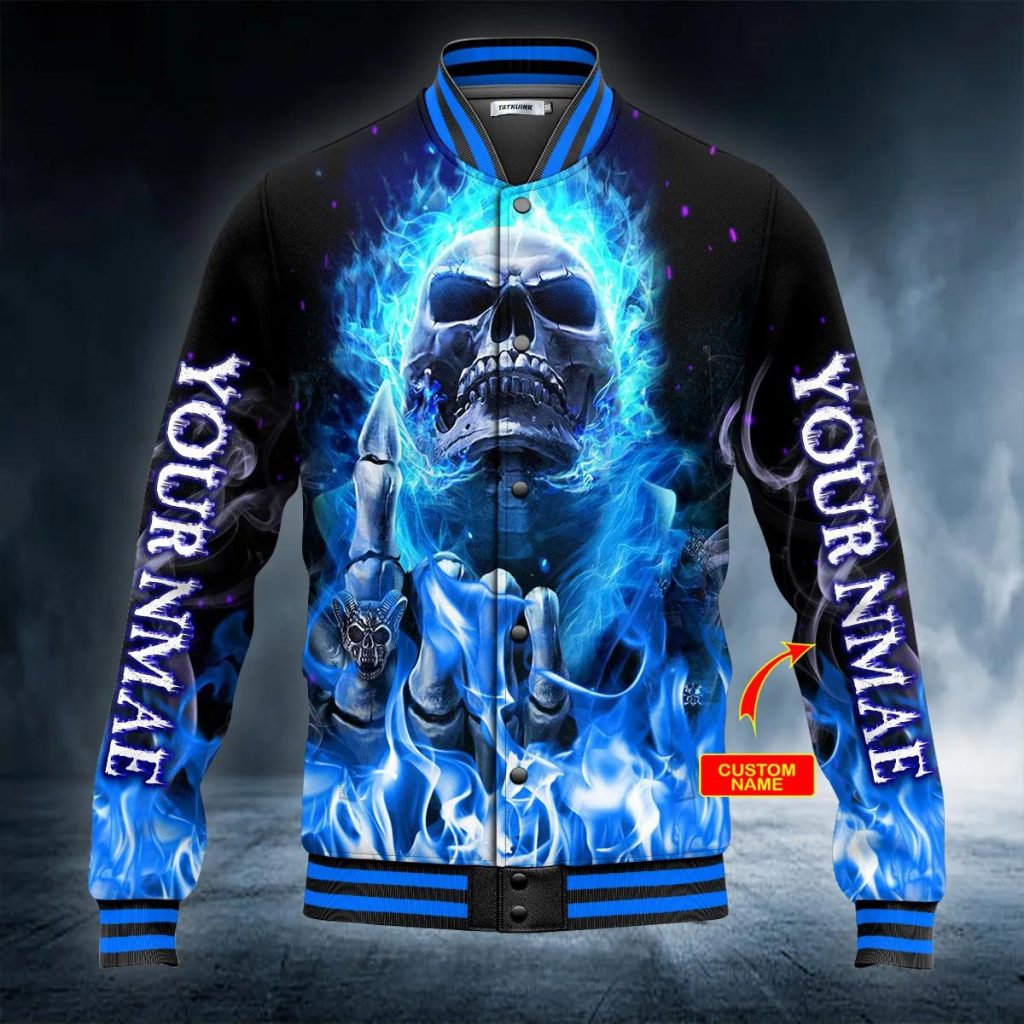 Horror Blue Flaming Skull Custom Baseball Jacket – Skull & Viking ...