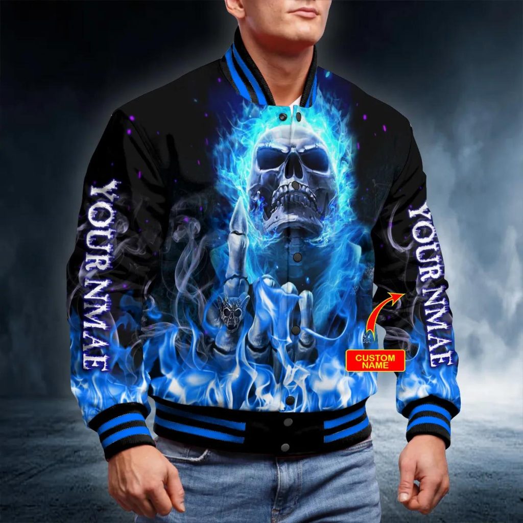 Horror Blue Flaming Skull Custom Baseball Jacket – Skull & Viking ...