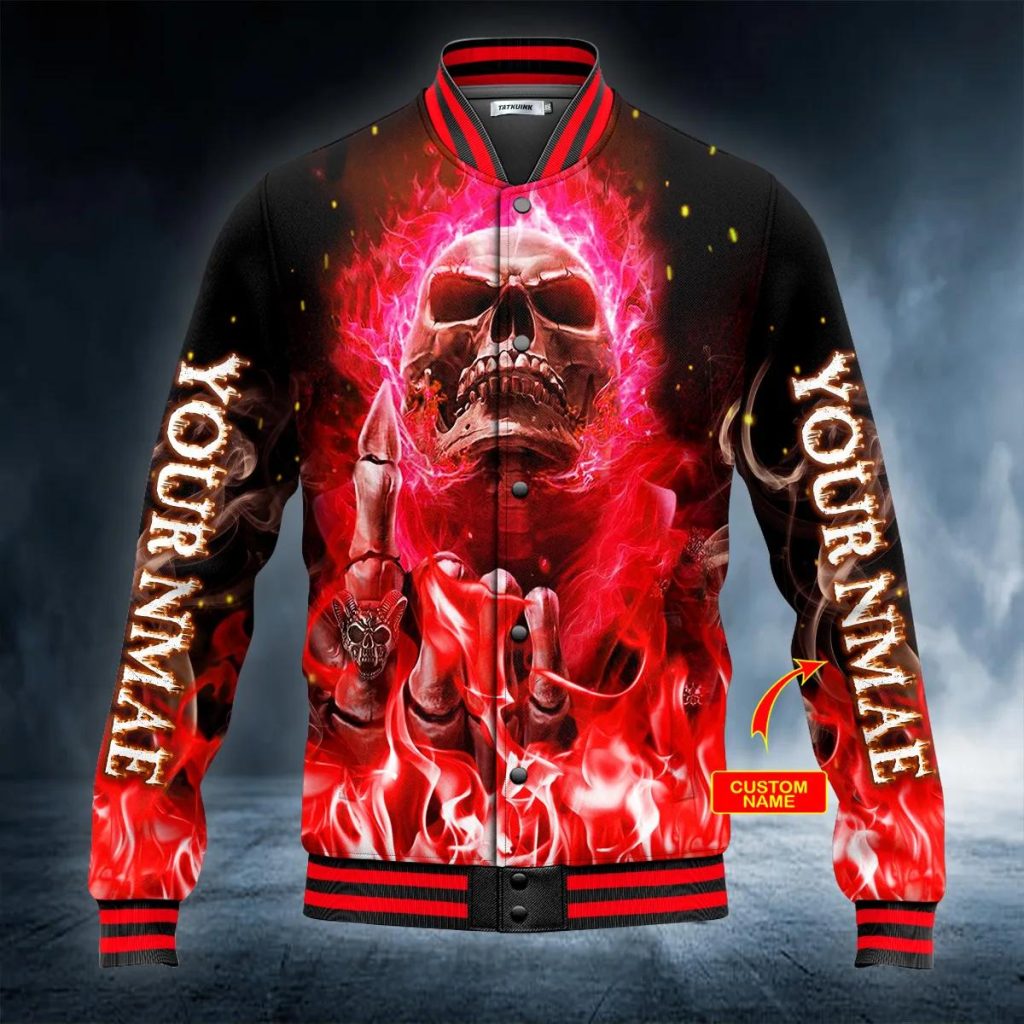 Horror Red Flaming Skull Custom Baseball Jacket – Skull & Viking ...