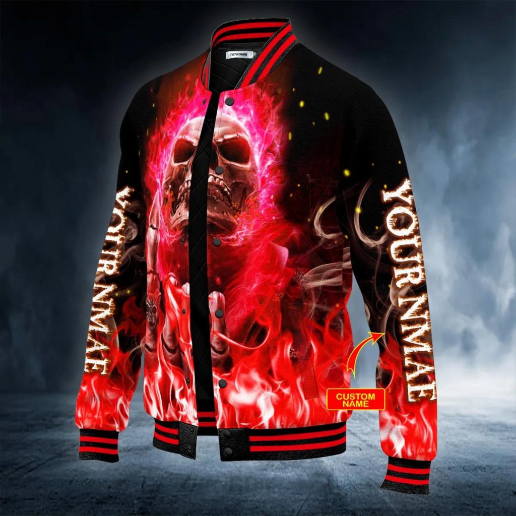 Horror Red Flaming Skull Custom Baseball Jacket – Skull & Viking ...