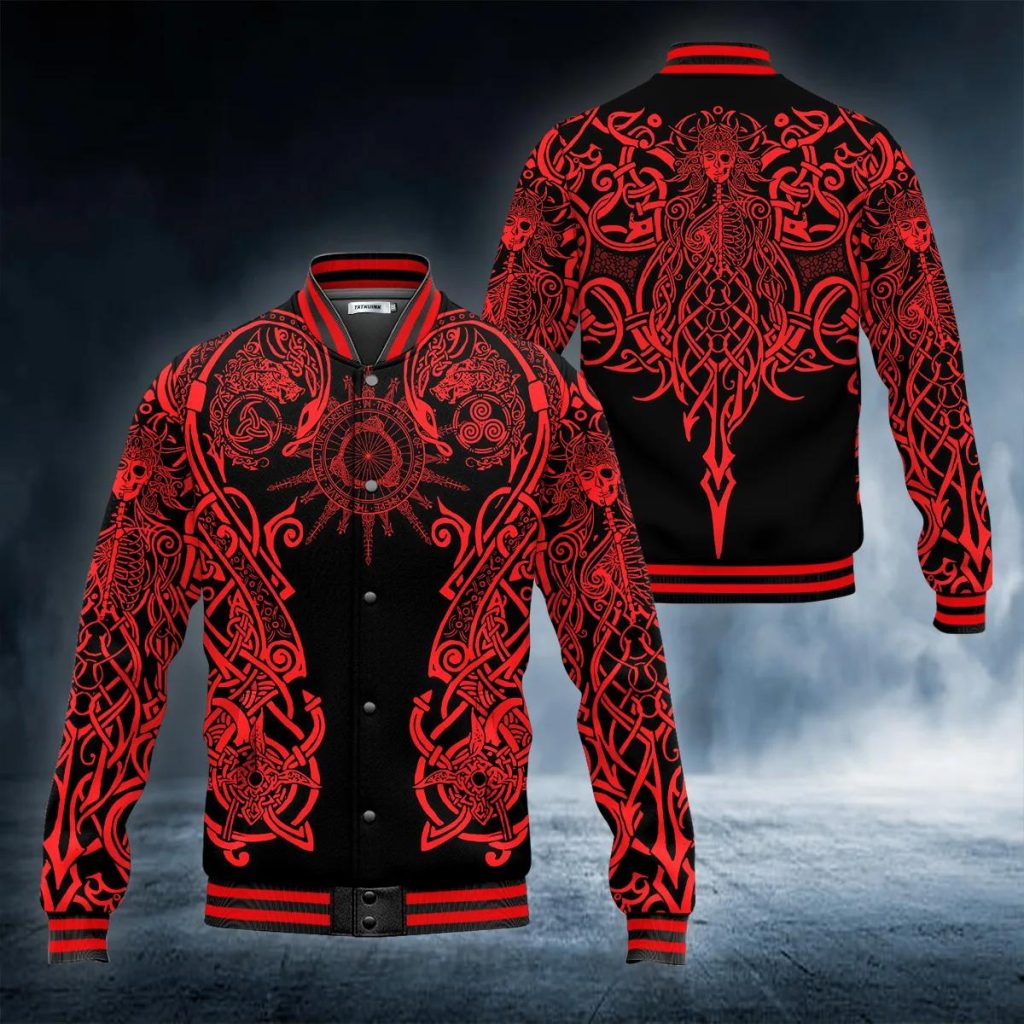 Norse Mythology Skeleton Viking Red Tattoo Baseball Jacket – Skull ...