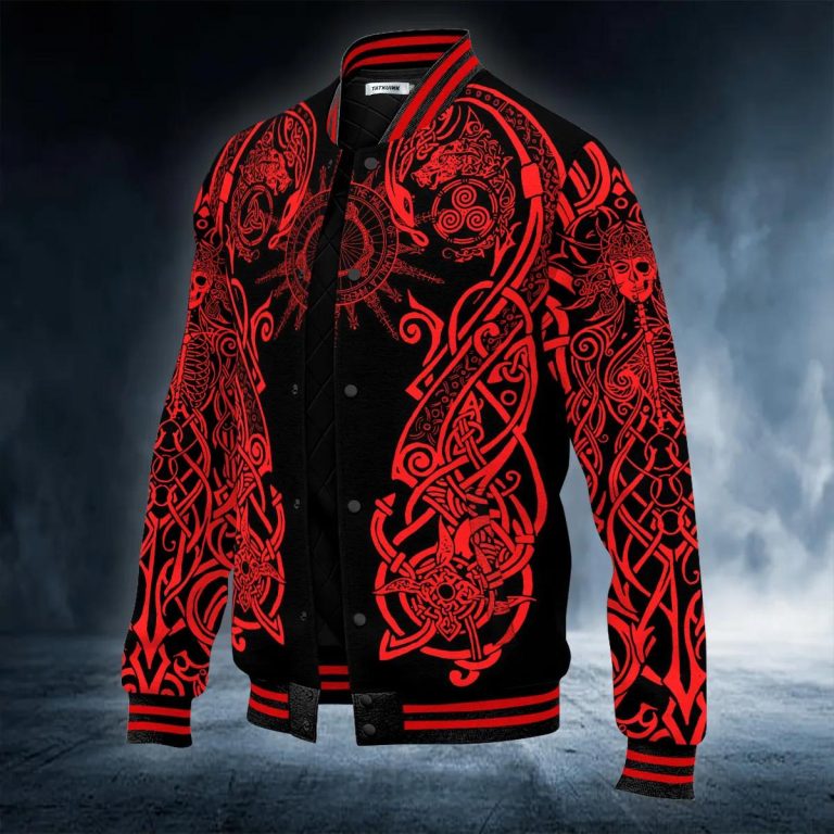 Norse Mythology Skeleton Viking Red Tattoo Baseball Jacket – Skull ...
