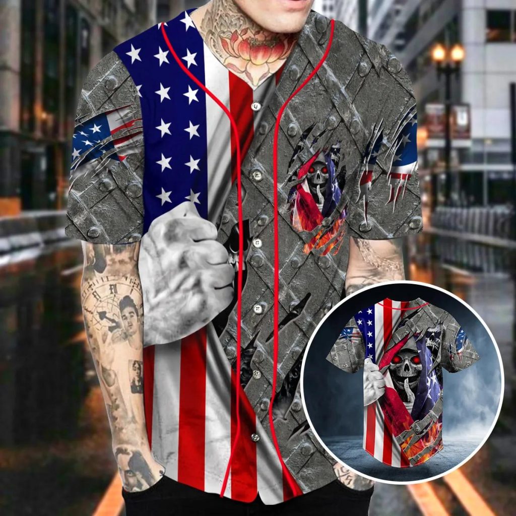 Patriotism U.S Flag Shh Skull Baseball Jersey – Skull & Viking Graphic ...