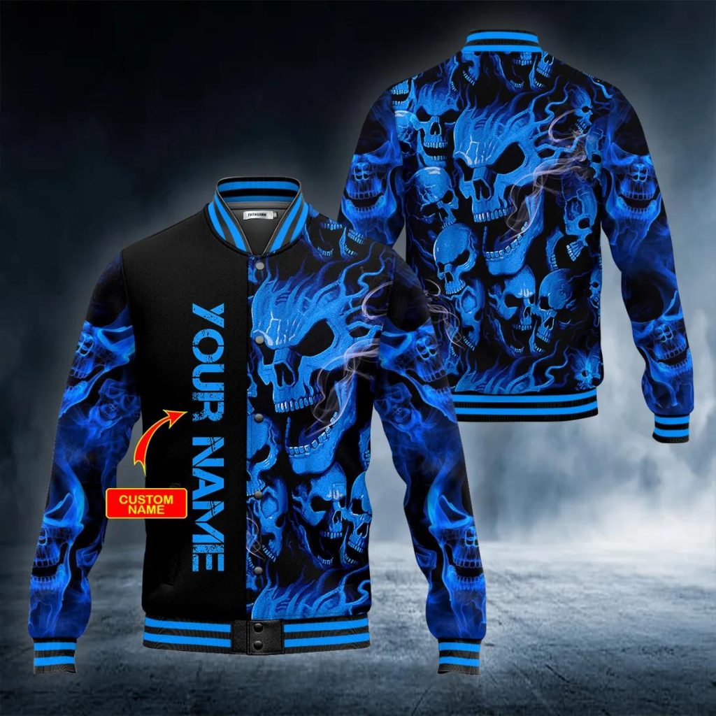 Pile Blue Ghost Skull Custom Baseball Jacket – Skull & Viking Graphic ...