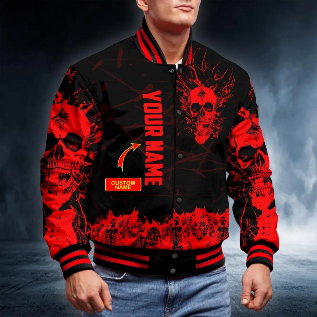 Red Creepy Skull Custom Baseball Jacket – Skull & Viking Graphic Tees ...