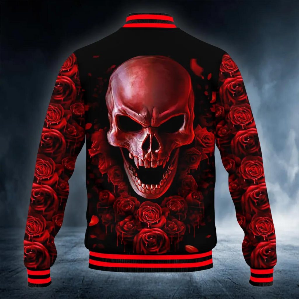 Red Roses Skull Custom Baseball Jacket – Skull & Viking Graphic Tees ...