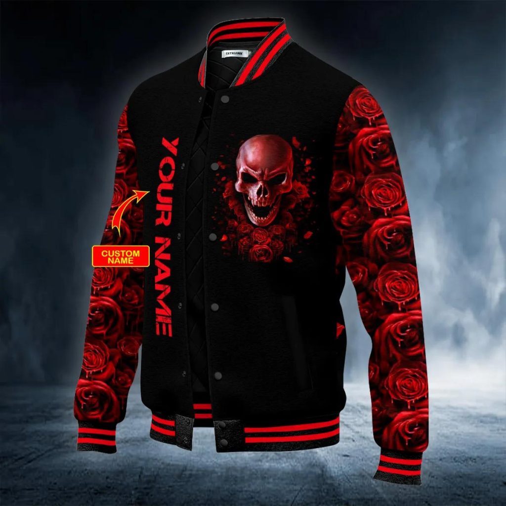 Red Roses Skull Custom Baseball Jacket – Skull & Viking Graphic Tees ...