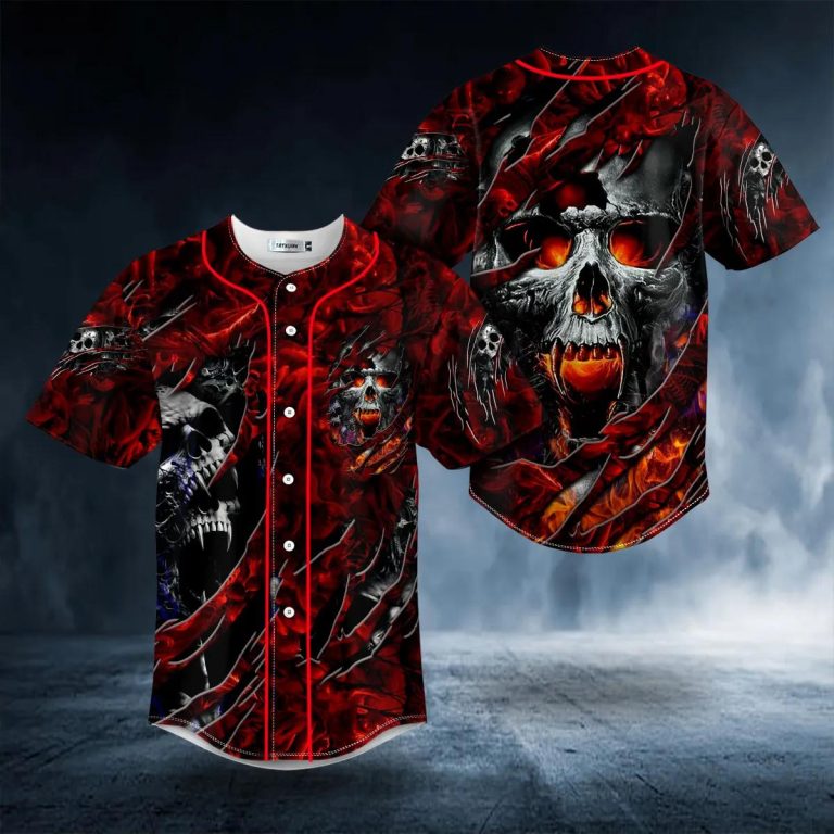 Ripped Fire Eyes Vampire Skull Baseball Jersey – Skull & Viking Graphic ...