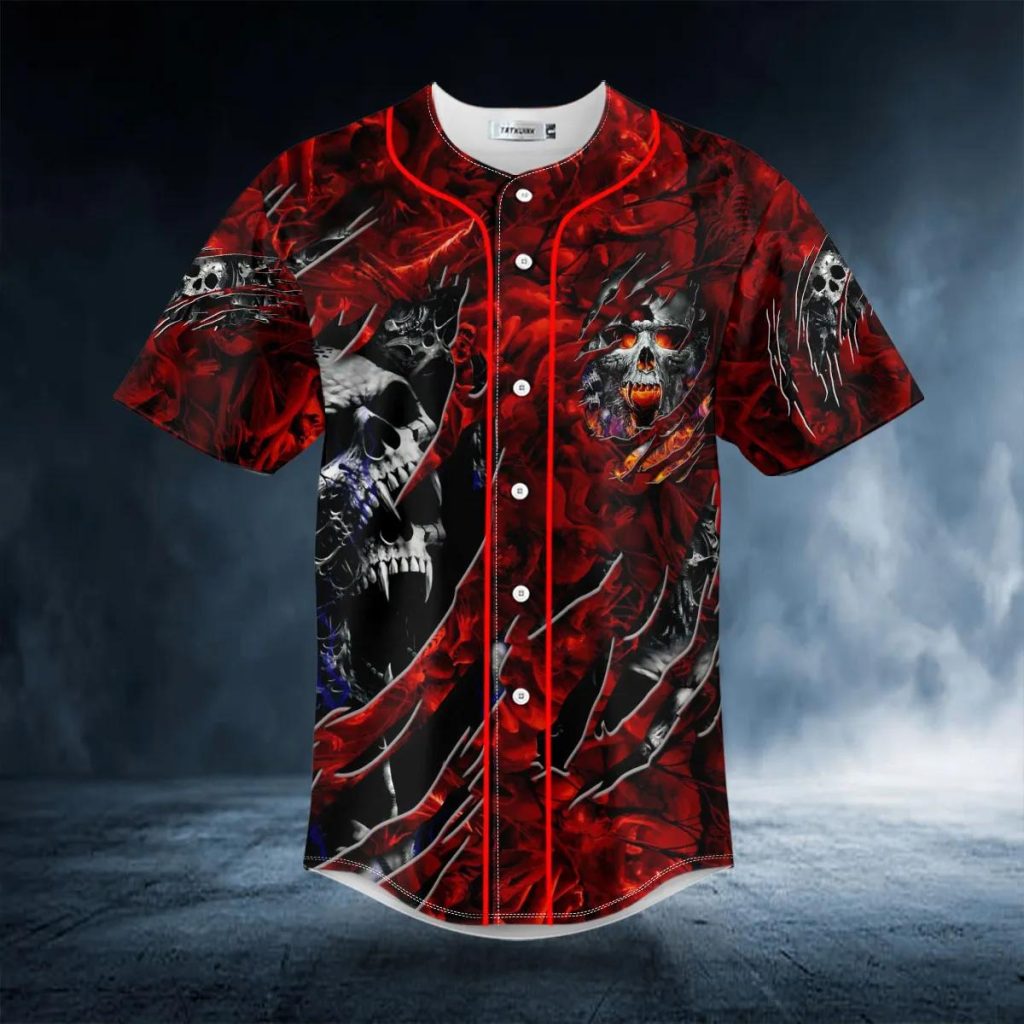 Ripped Fire Eyes Vampire Skull Baseball Jersey – Skull & Viking Graphic ...