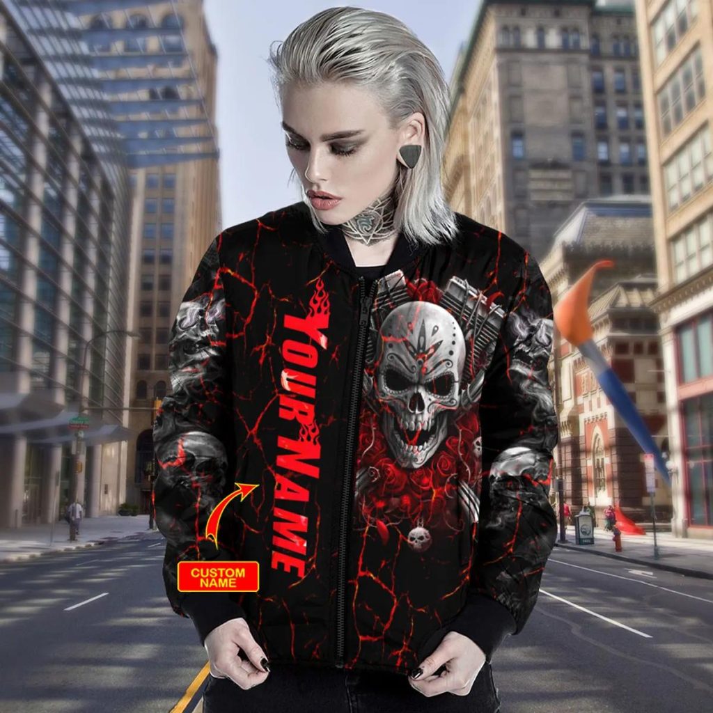 Roses And Metallic Skull Custom Bomber Jacket – Skull & Viking Graphic ...