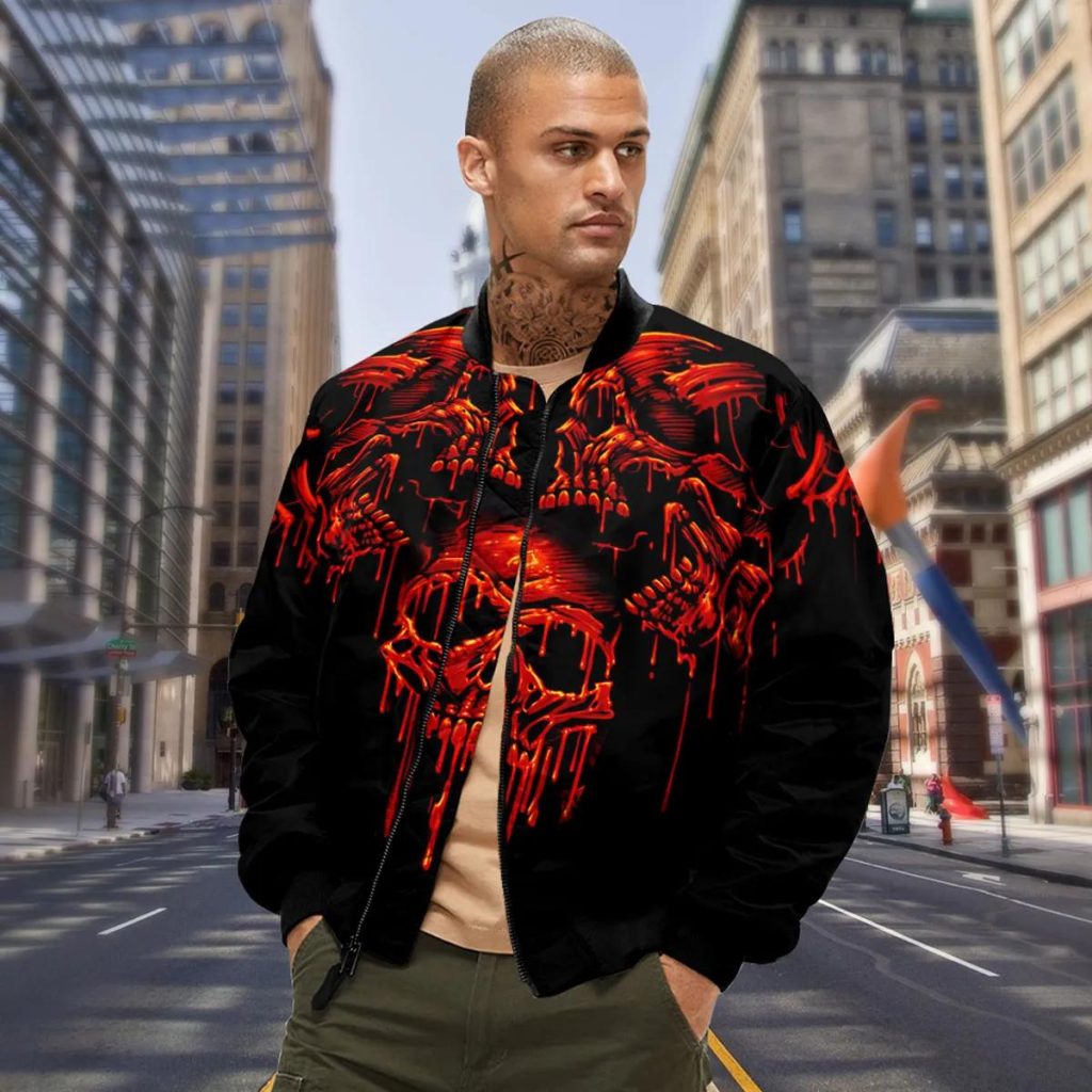 Scary Blooding Skull Pile Bomber Jacket – Skull & Viking Graphic Tees ...