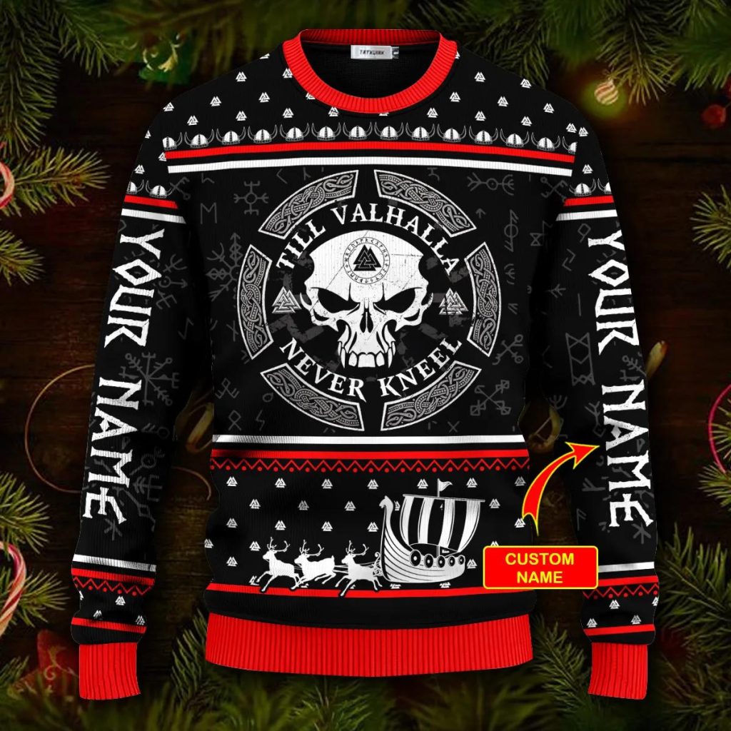 Till Valhalla Never Kneel Custom Name Viking Ugly Christmas Sweater ...
