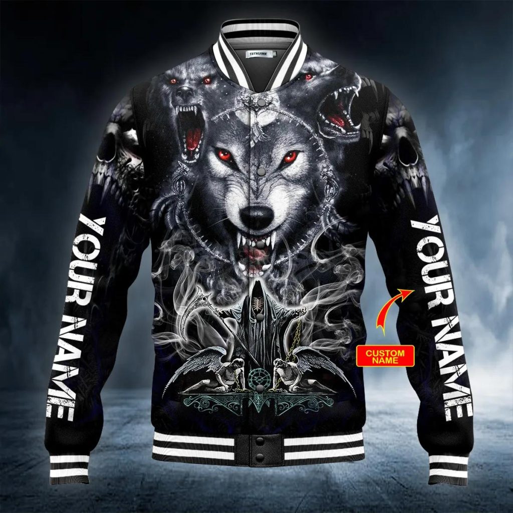 Wolves Grim Reaper Skull Custom Baseball Jacket – Skull & Viking ...