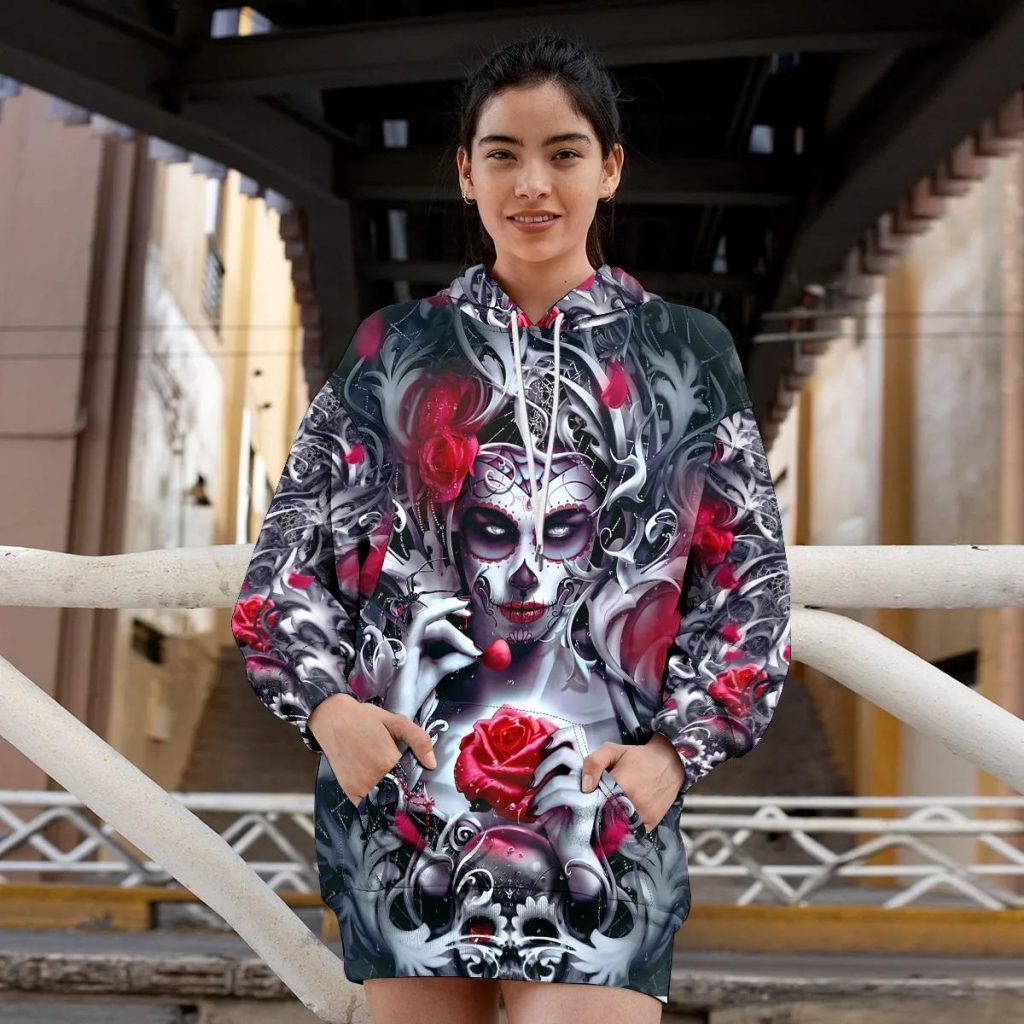 Beautiful Roses Queen Sugar Skull Hoodie Dress For Women – Skull ...