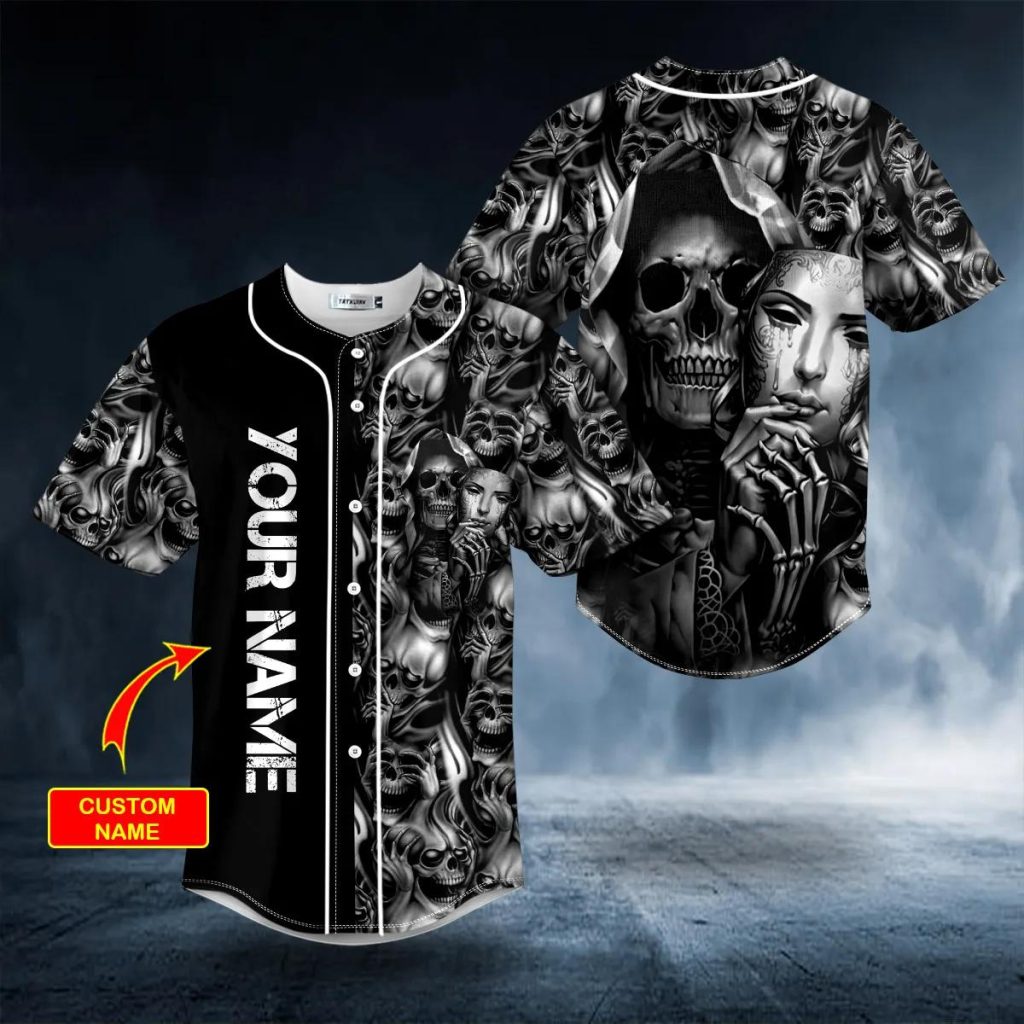Black White Half Mask Half Reaper Skull Custom Baseball Jersey – Skull ...