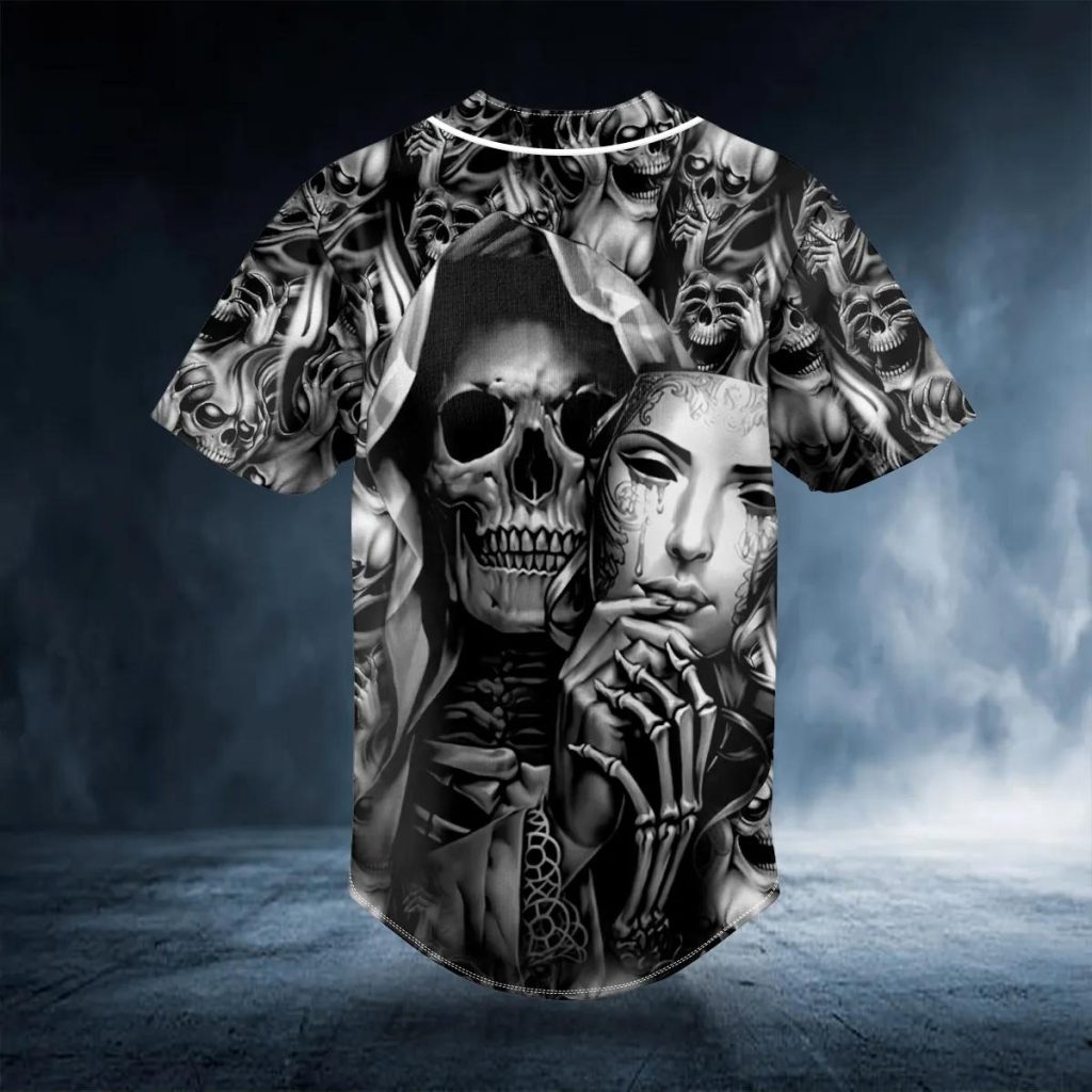 Black White Half Mask Half Reaper Skull Custom Baseball Jersey – Skull ...
