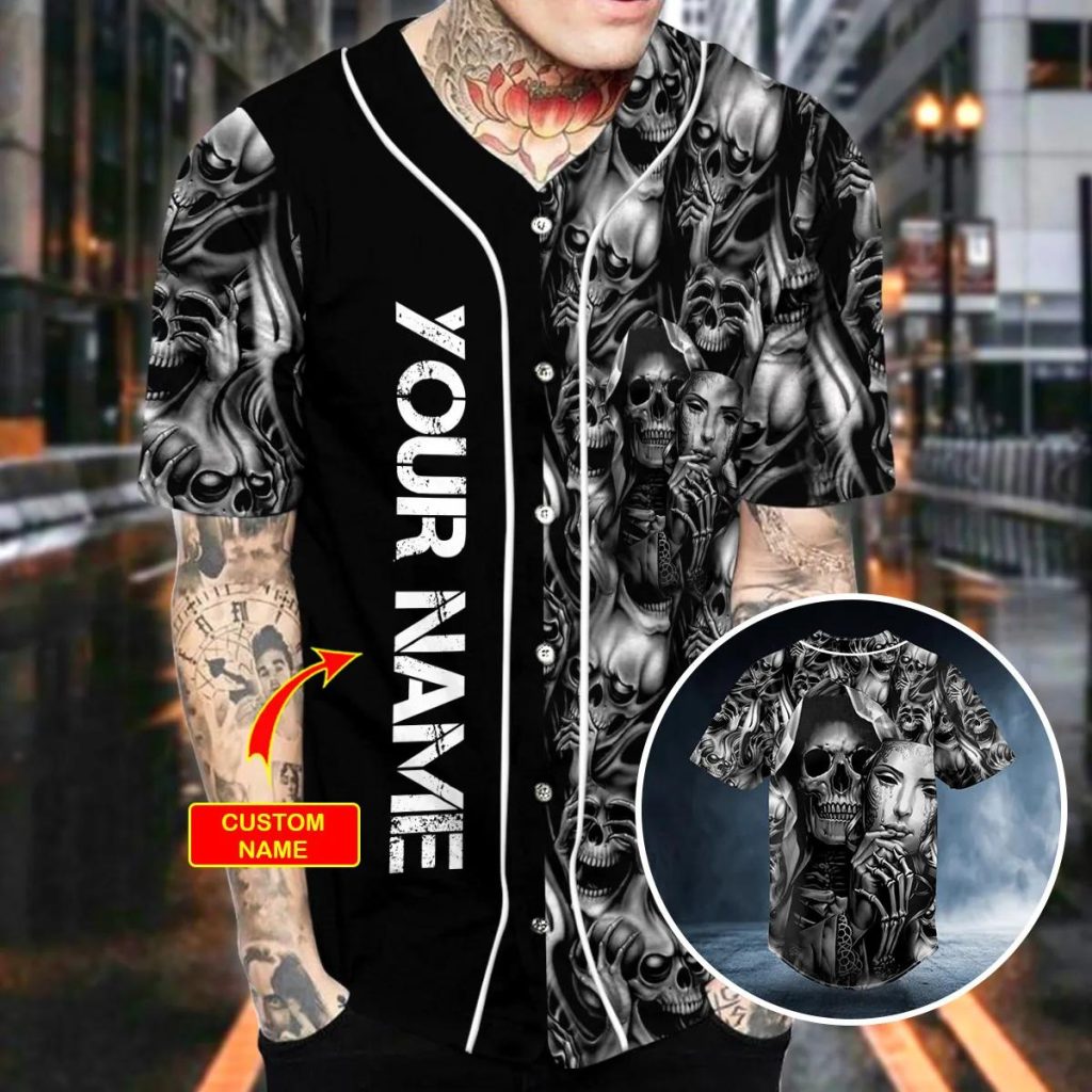 Black White Half Mask Half Reaper Skull Custom Baseball Jersey – Skull ...