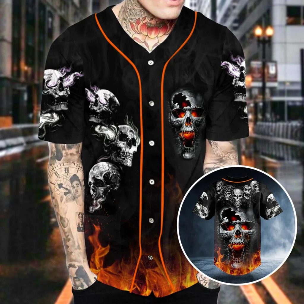 Fire Five Biker Skull Baseball Jersey – Skull & Viking Graphic Tees ...