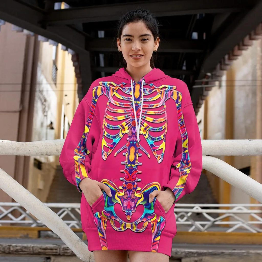 Funny Colorful Skeleton Bones Pink Skull Hoodie Dress For Women – Skull ...