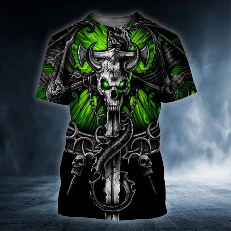 Green Eyes Ox Horn Skull 3D T Shirt, Skull T Shirts Mens – Skull ...
