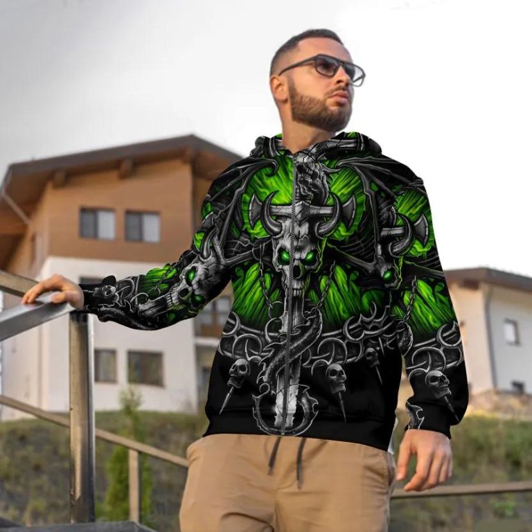 Green Eyes Ox Horn Skull 3D Zip Hoodie – Skull & Viking Graphic Tees ...