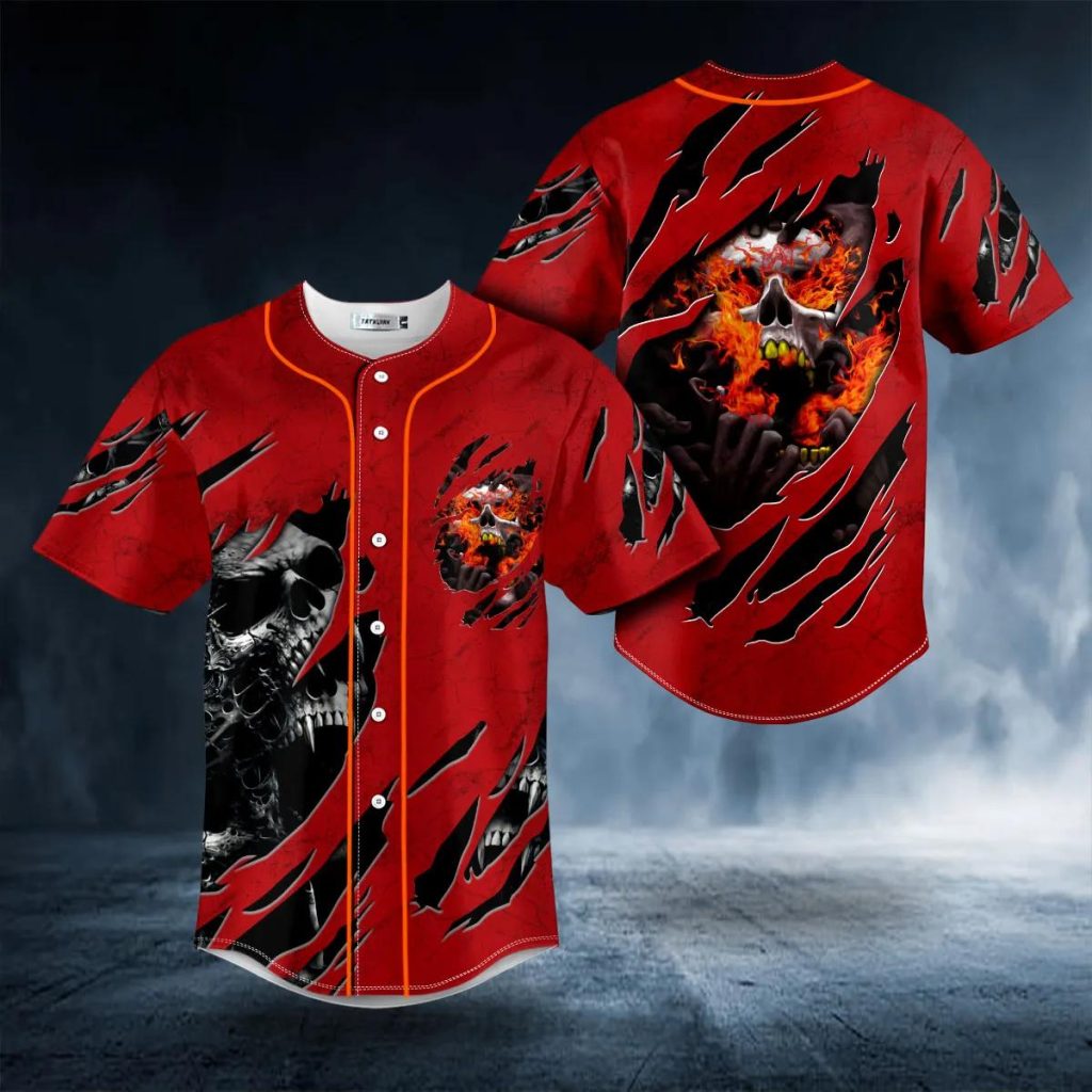 Red Lava Blast Fire Skull Baseball Jersey – Skull & Viking Graphic Tees ...