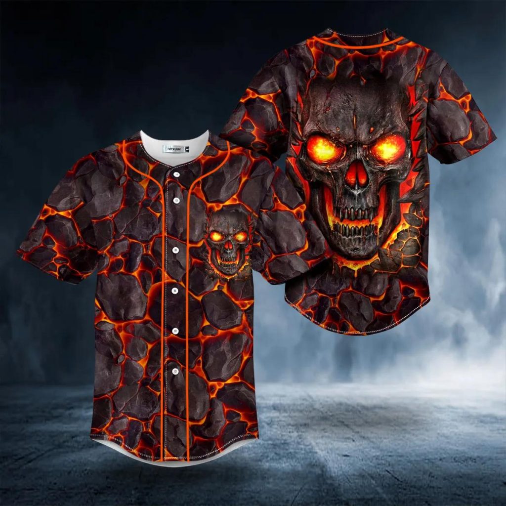 Red Ripped Ghost Hands Corpses Fire Skull Baseball Jersey – Skull ...