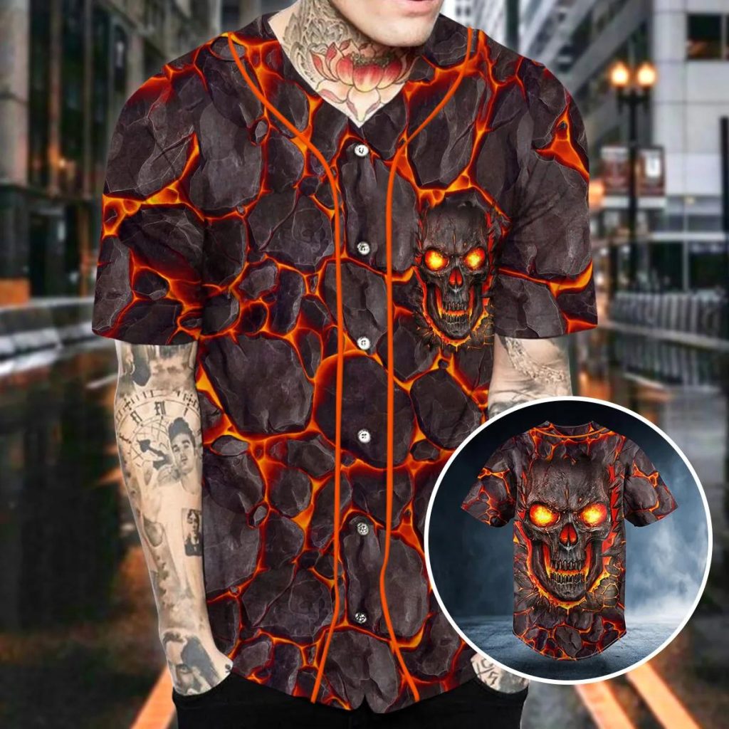 Red Ripped Ghost Hands Corpses Fire Skull Baseball Jersey – Skull ...