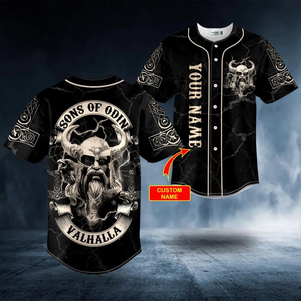 Black White Odin Allfather Viking Tattoo Custom Baseball Jersey - Skull ...