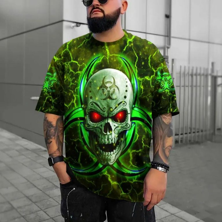 Biohazard Symbol Green Flame Skull 3D T Shirt, Skull T Shirts Mens ...