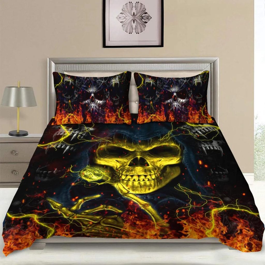 Golden Lucifer Morning Star Satanic Coin Grim Reaper Fire Skull Bedding ...