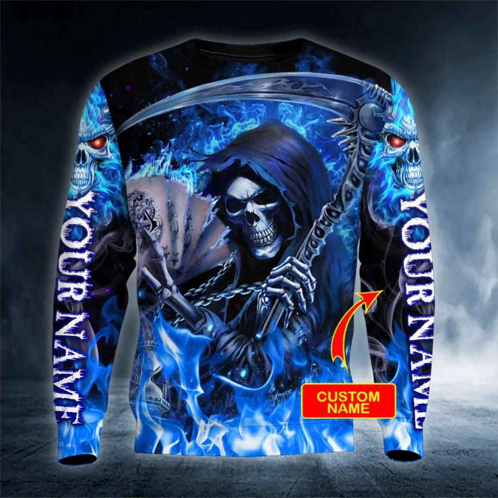 Grim Reaper Blue Fire Skull Custom 3D Sweatshirt – Skull & Viking ...