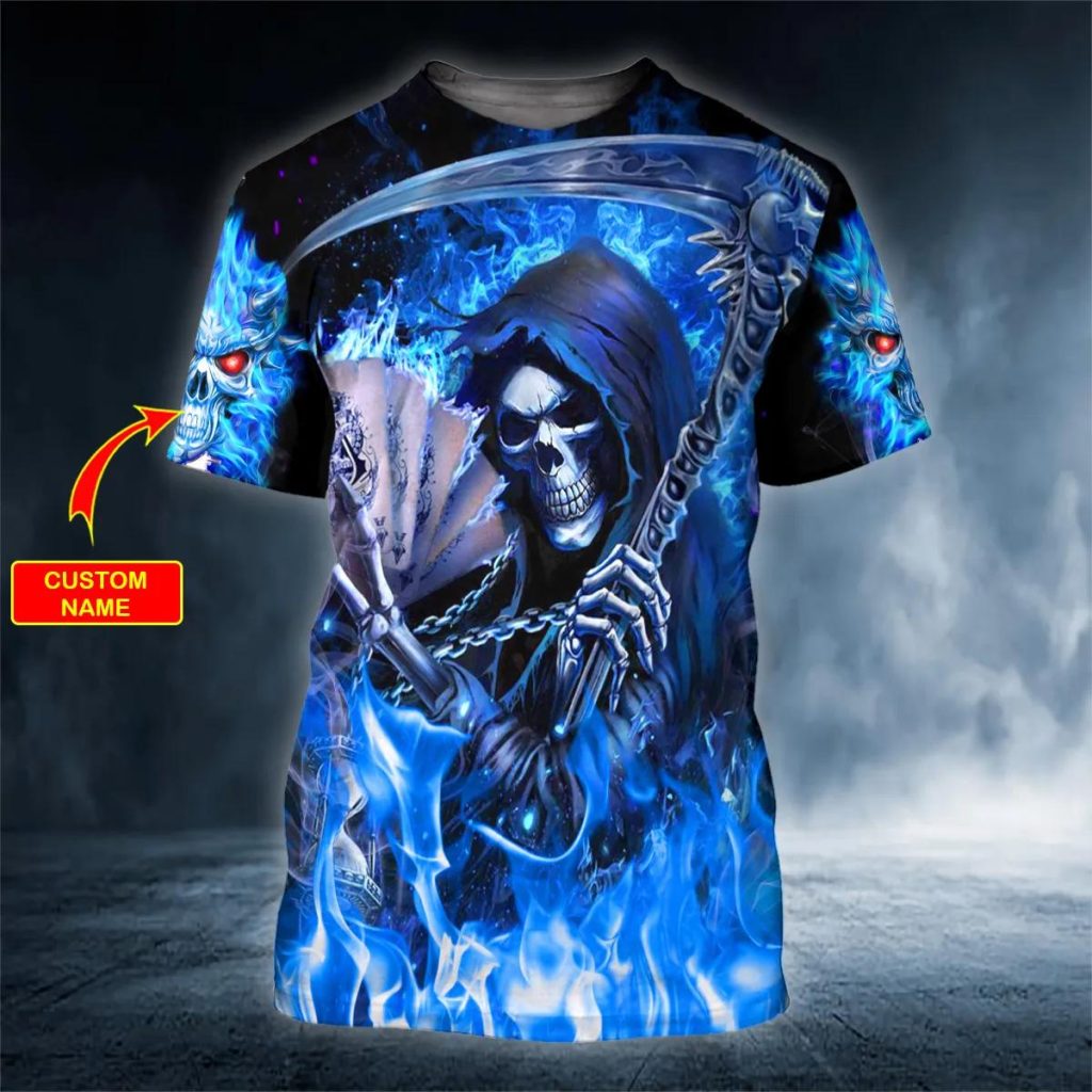 Grim Reaper Blue Fire Skull Custom 3D T Shirt, Skull T Shirts Mens ...